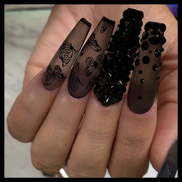 Makeup | 24pcs Black False Nails Dark Butterfly Long Fake Nails | Poshmark